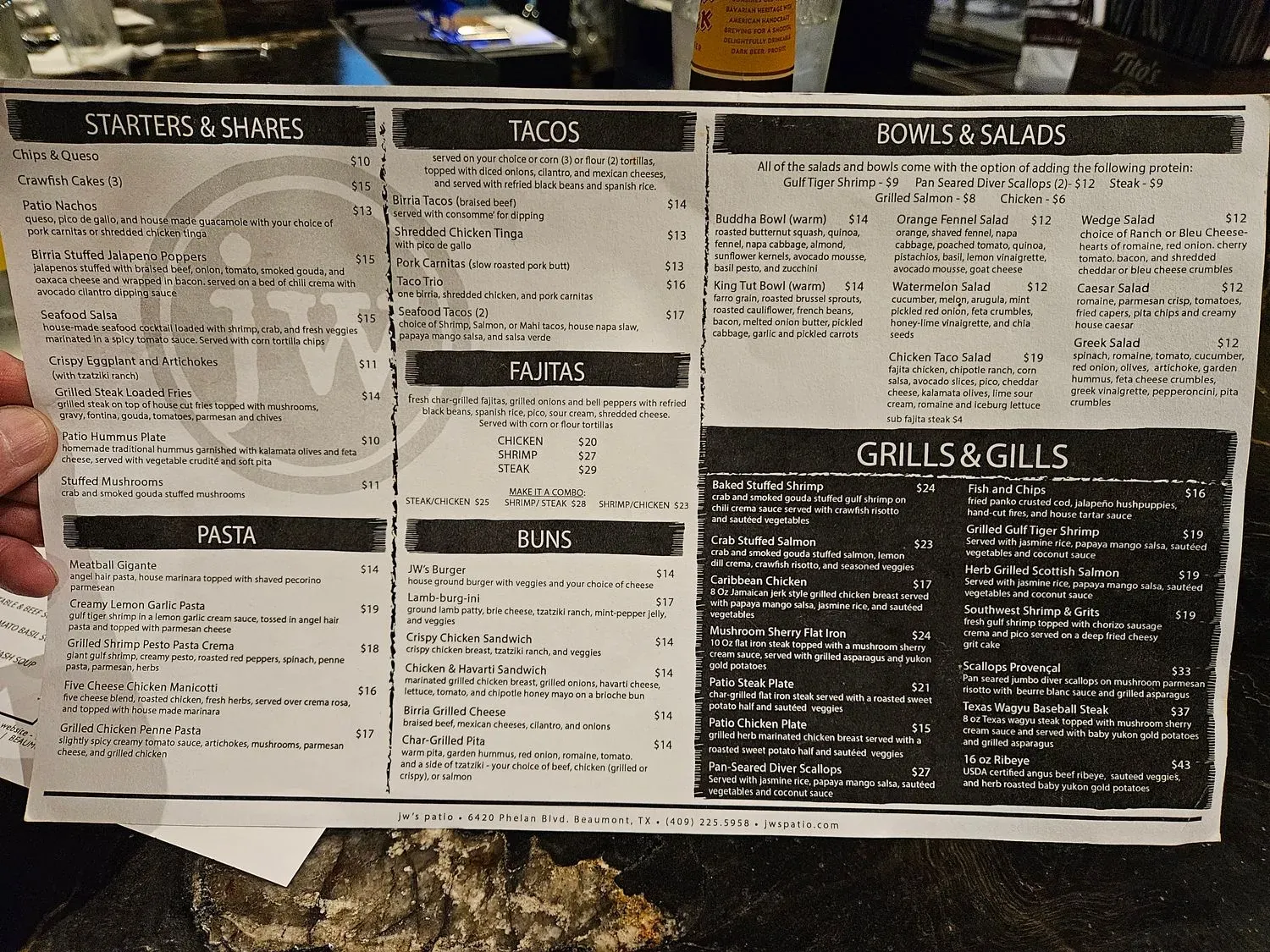 JW's Patio Menu - Updated October 2025