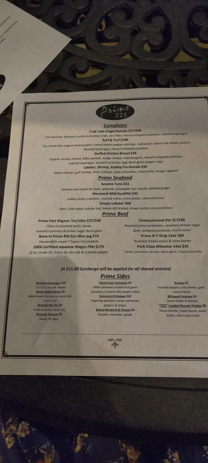 Prime 225 Menu | Chesapeake City, MD | Checkle