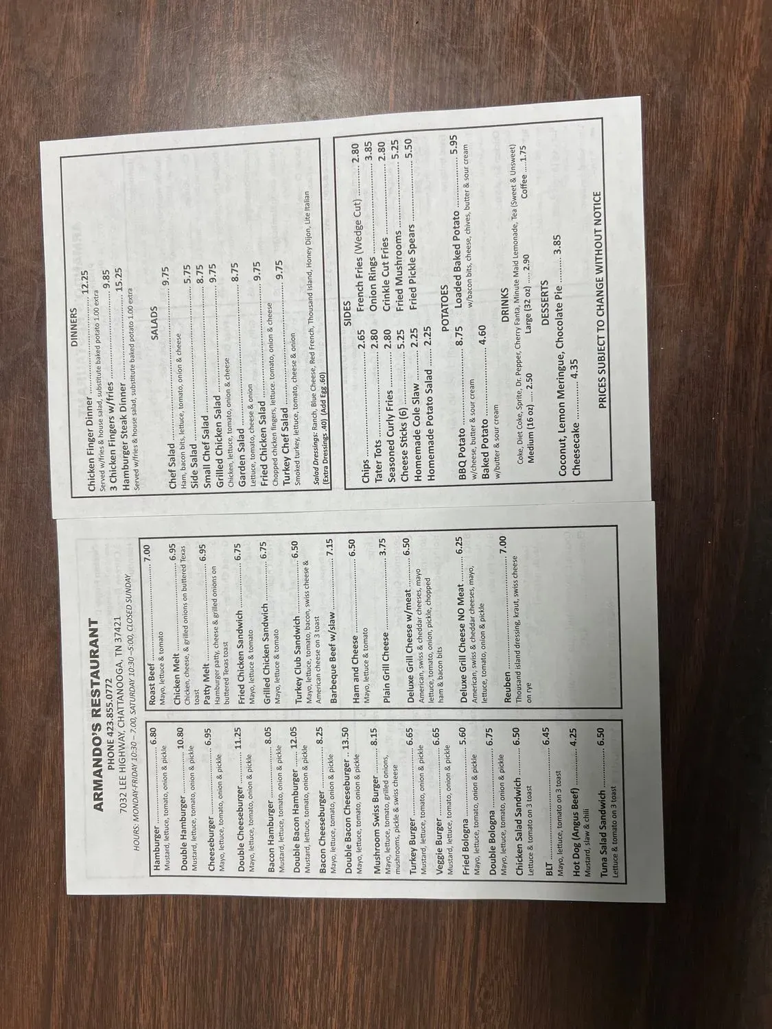 Armando's Restaurant Menu - Updated October 2025