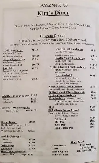 Kim's Diner Menu | Waco, TX | Checkle