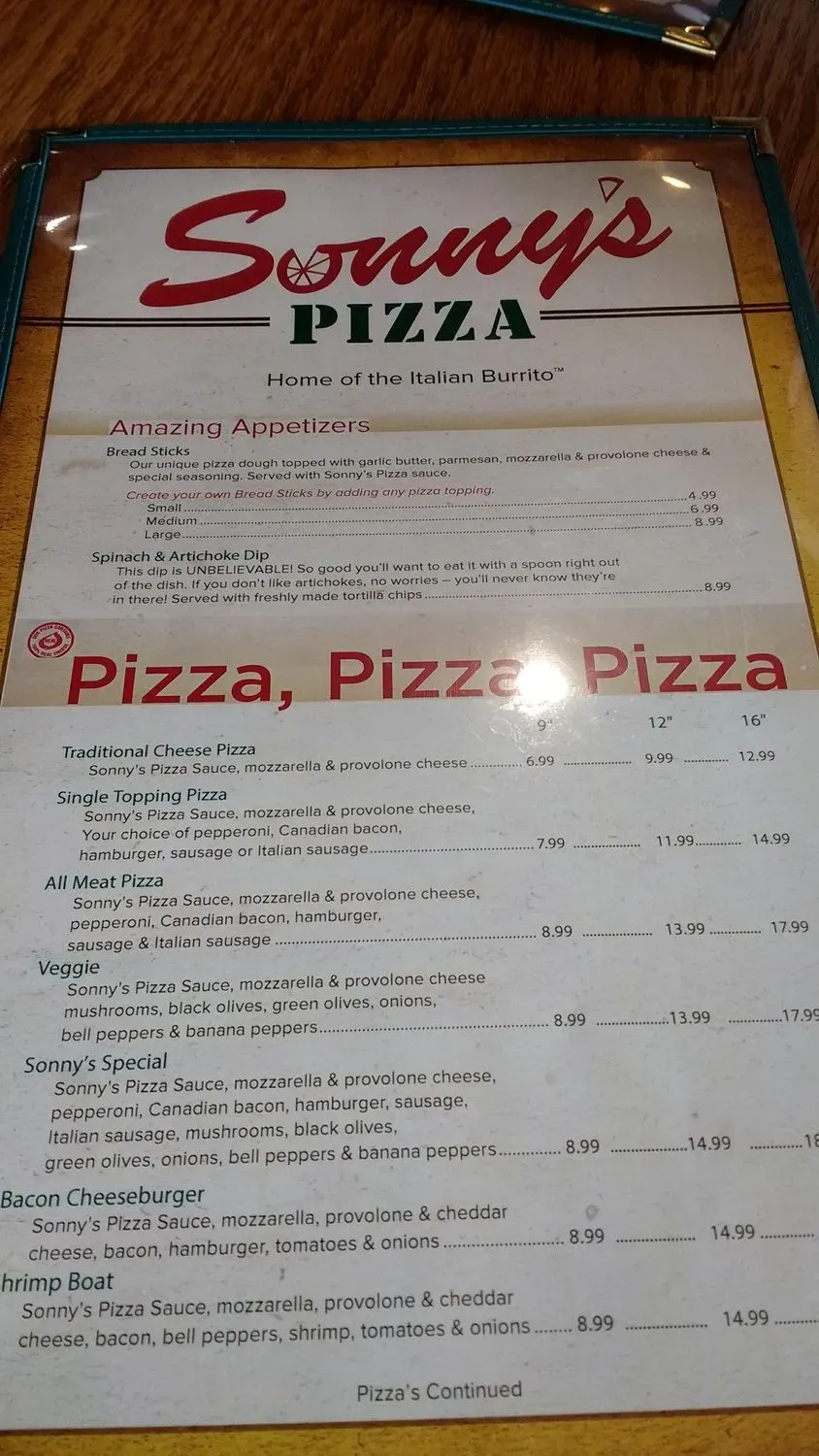Sonnys Pizza Menu - Updated October 2025