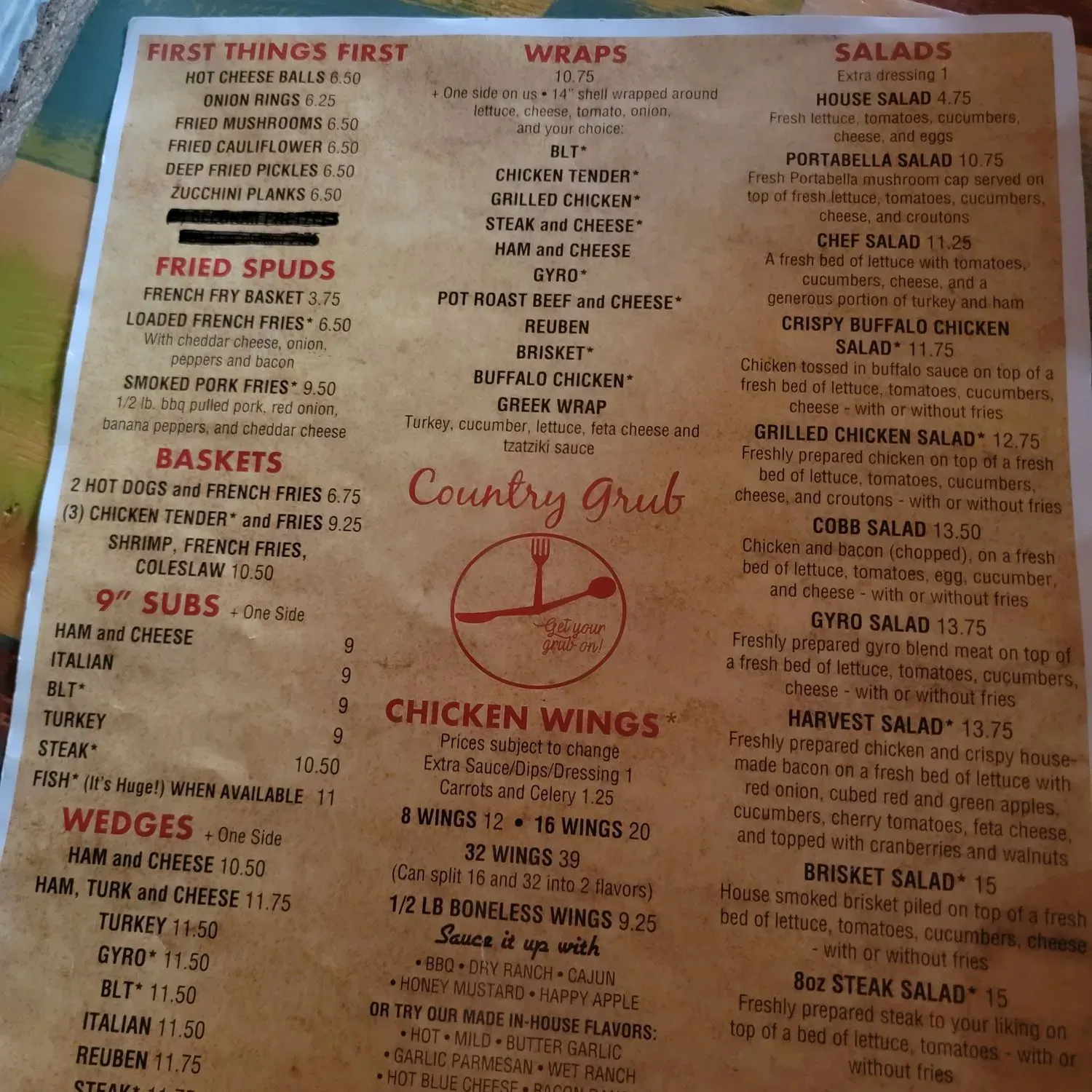 Country Grub Menu - Updated October 2025