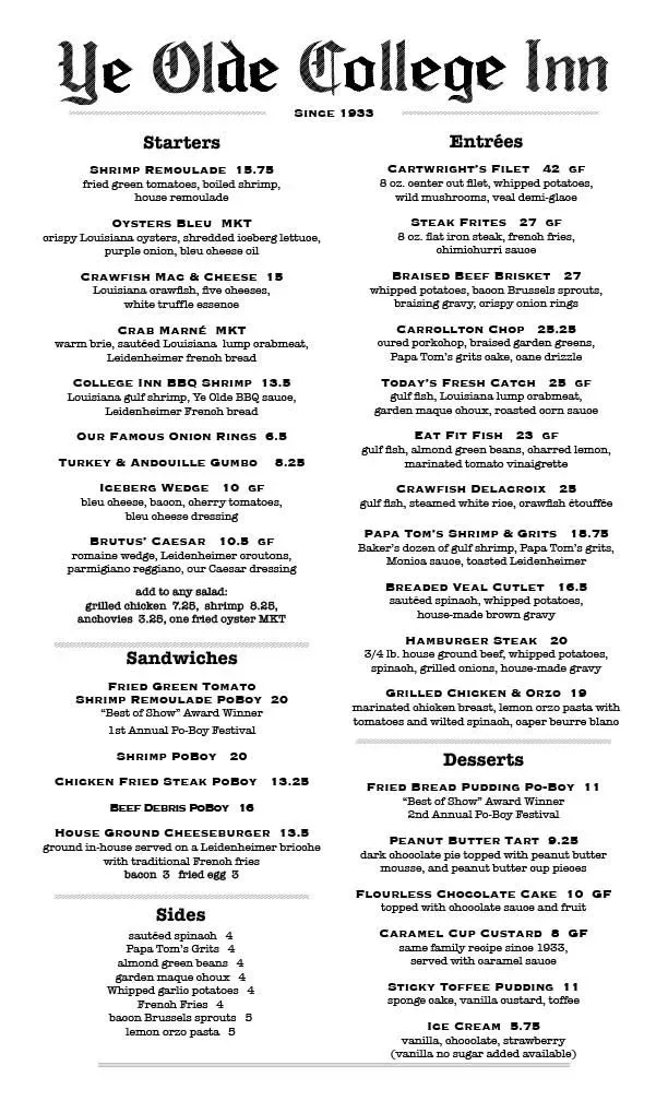 Ye Olde College Inn Menu - Updated October 2025
