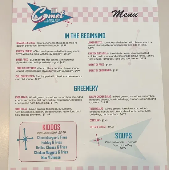 The Comet Classic Diner & Creamery Menu | Birch Run, MI | Checkle