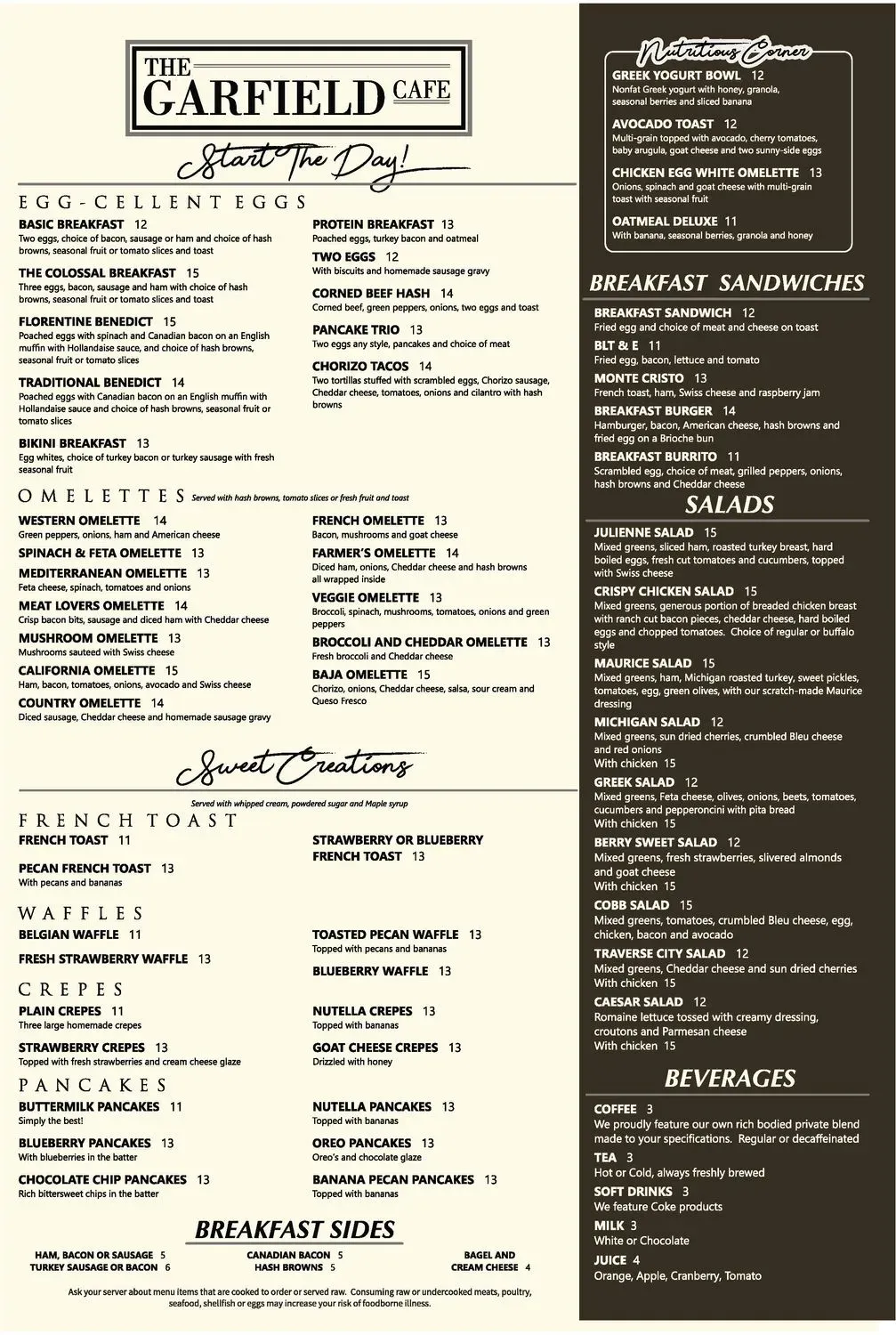 The Garfield Cafe Menu Updated October 2025