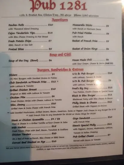 Pub 1281 Menu | Clinton Township, MI | Checkle