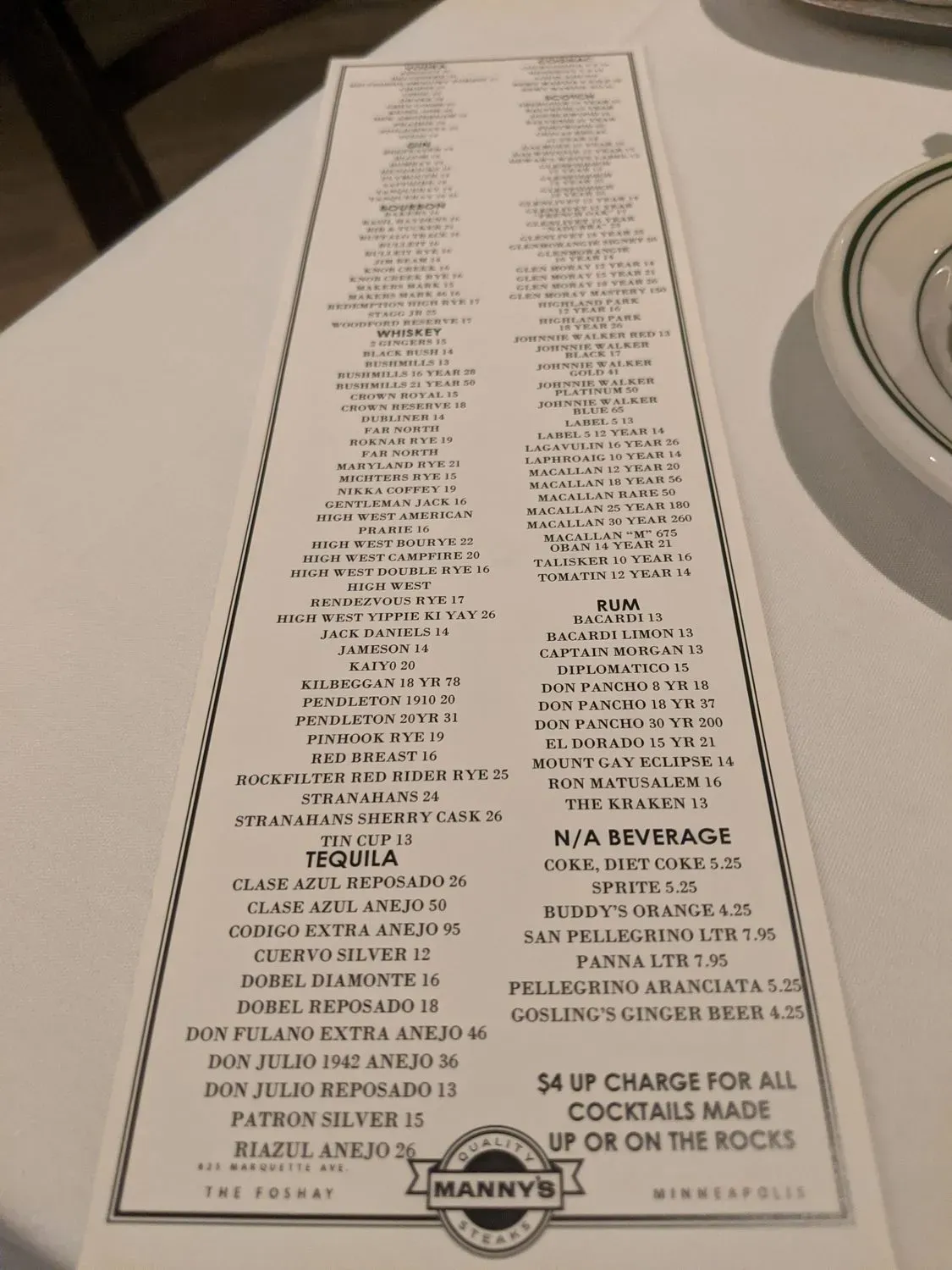 Manny's Steakhouse Menu | Minneapolis, MN | Checkle