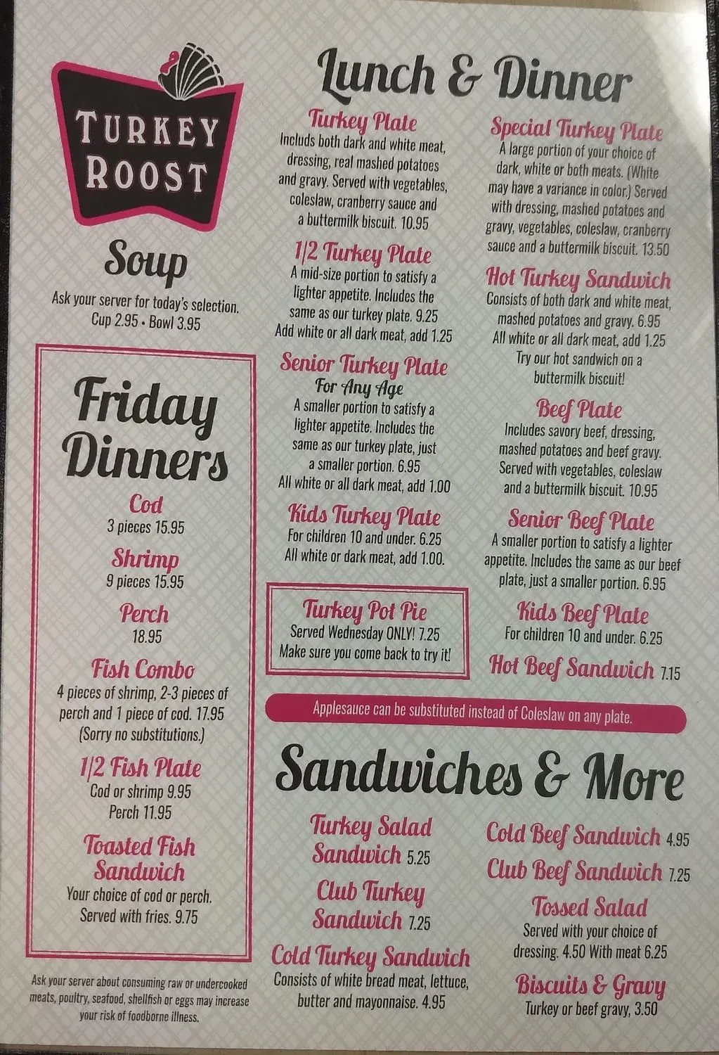 Turkey Roost Menu - Updated October 2025