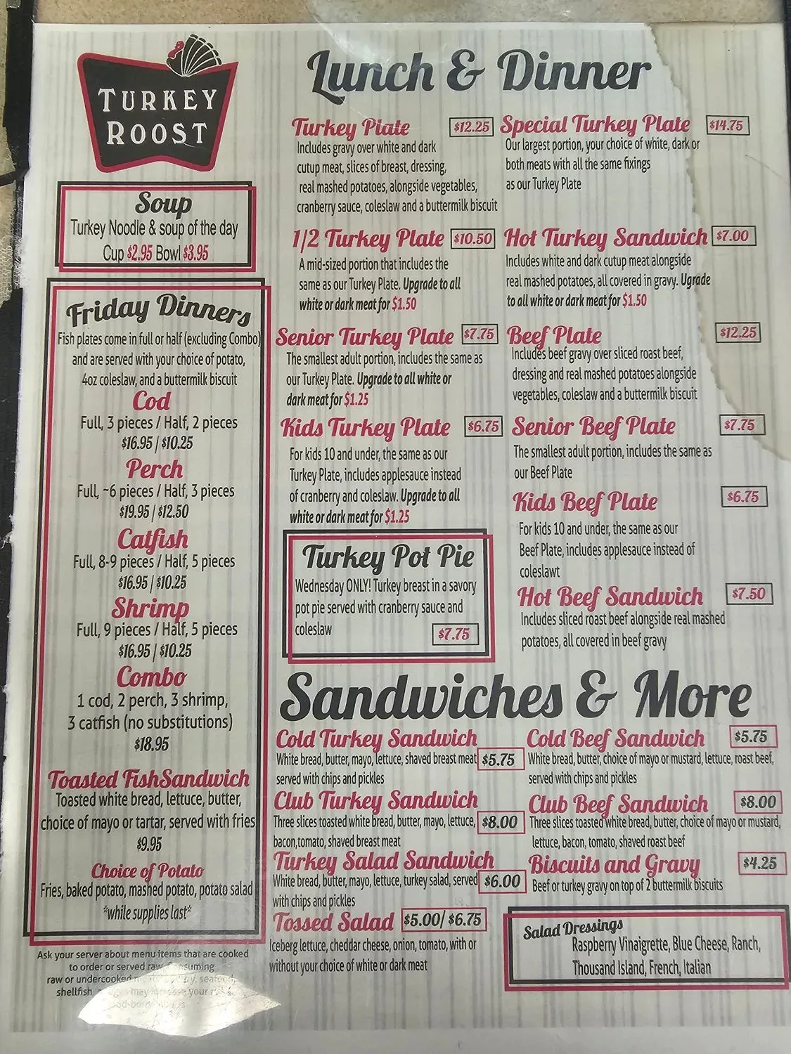 Turkey Roost Menu - Updated October 2025