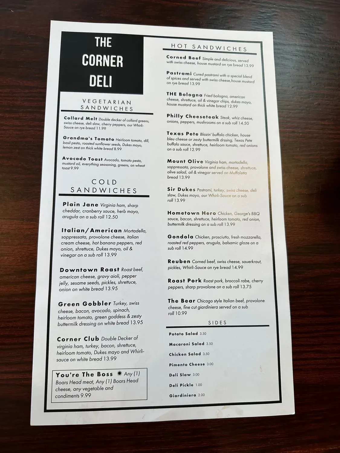 The Corner Deli Menu - Updated September 2025
