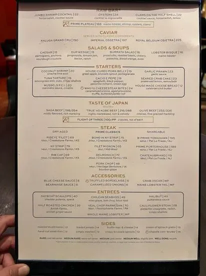 B-Prime Steakhouse Menu | Atlantic City, NJ | Checkle