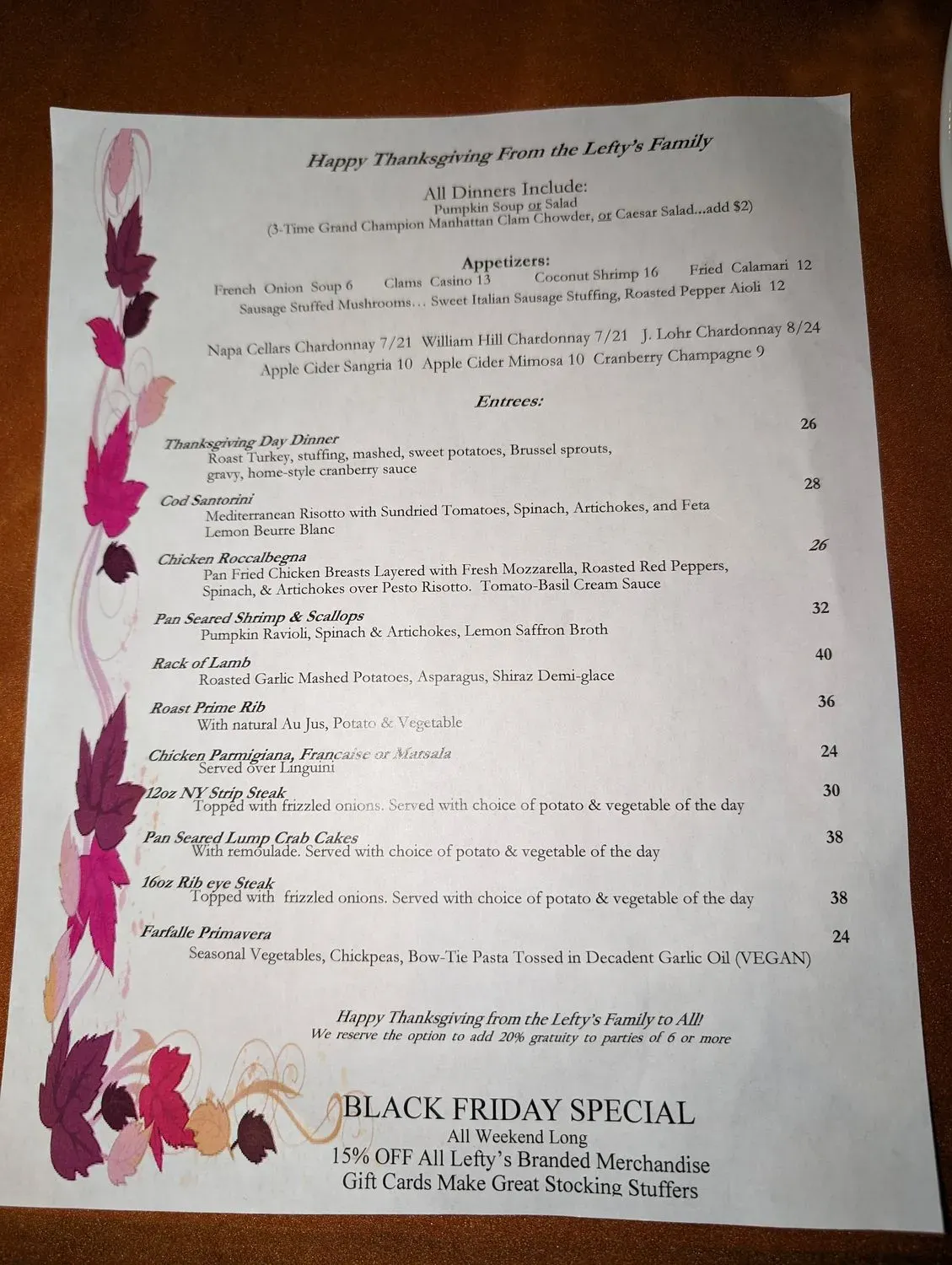 Lefty's Tavern Menu - Updated October 2025