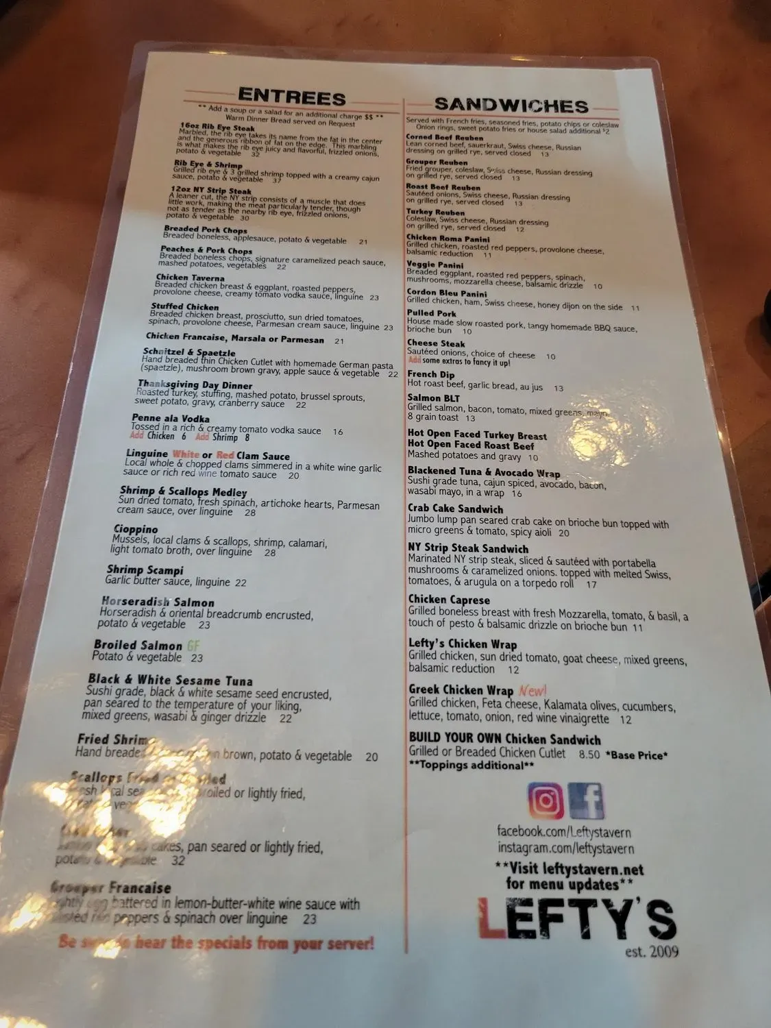 Lefty's Tavern Menu - Updated October 2025