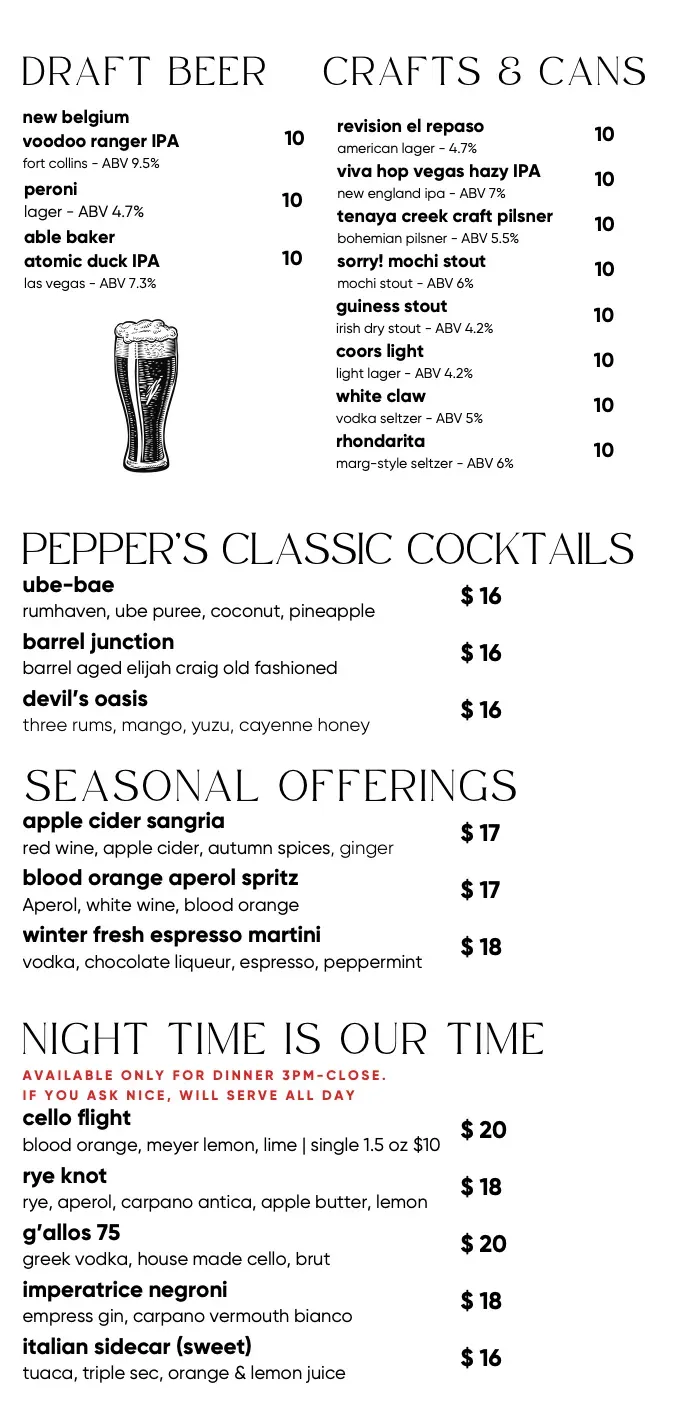 The Pepper Club Menu - Updated October 2025