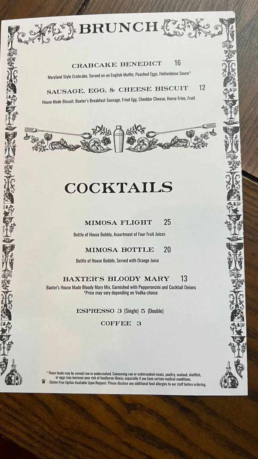 Baxter's 1892 Menu - Updated October 2025