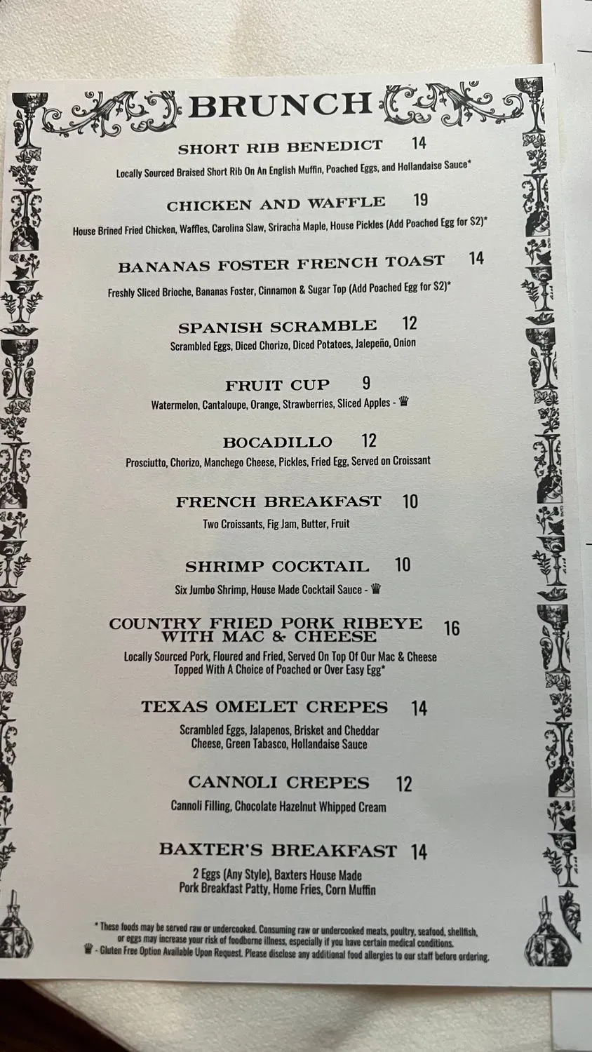 Baxter's 1892 Menu - Updated October 2025