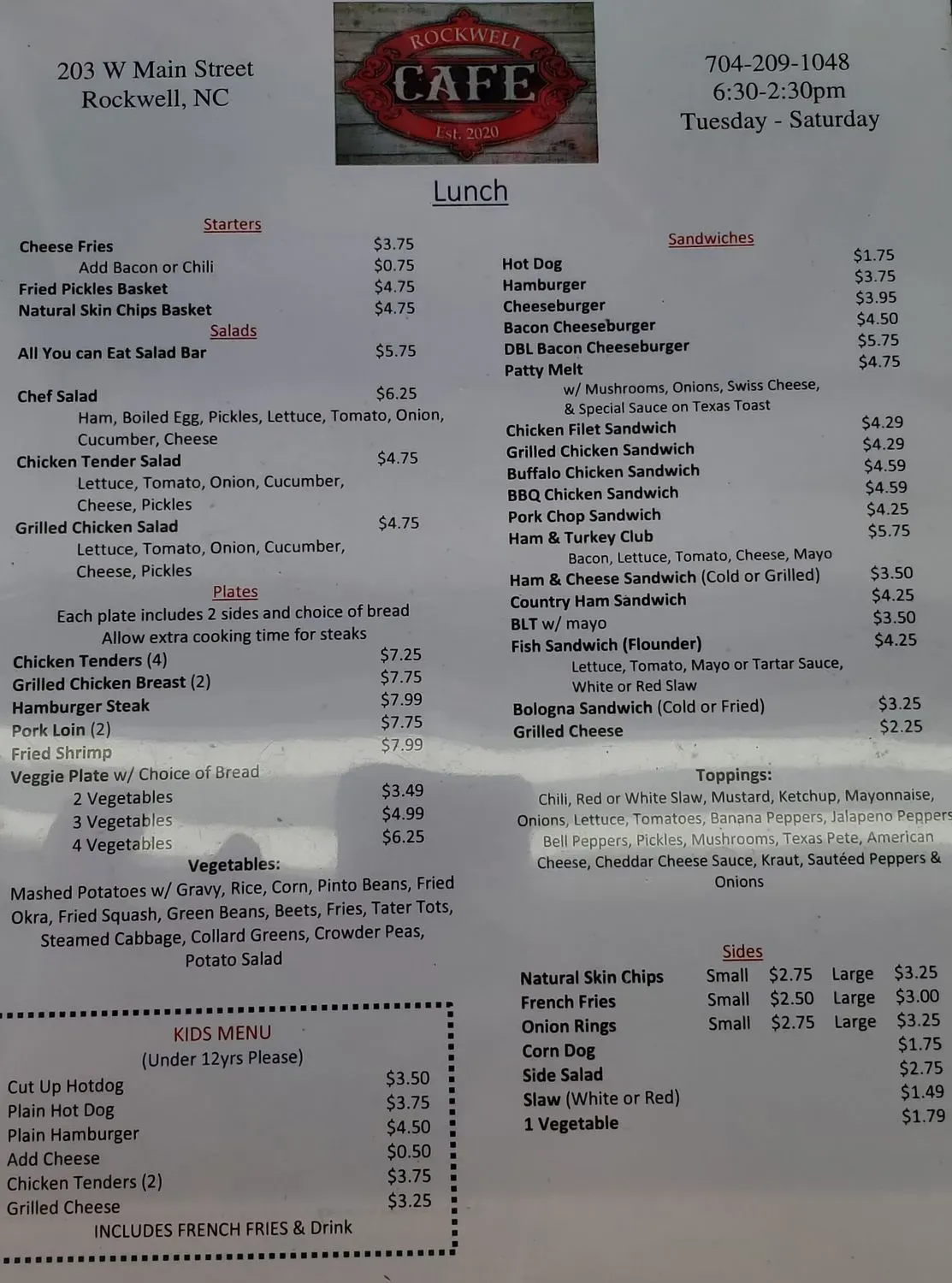 Rockwell Cafe Menu - Updated October 2025
