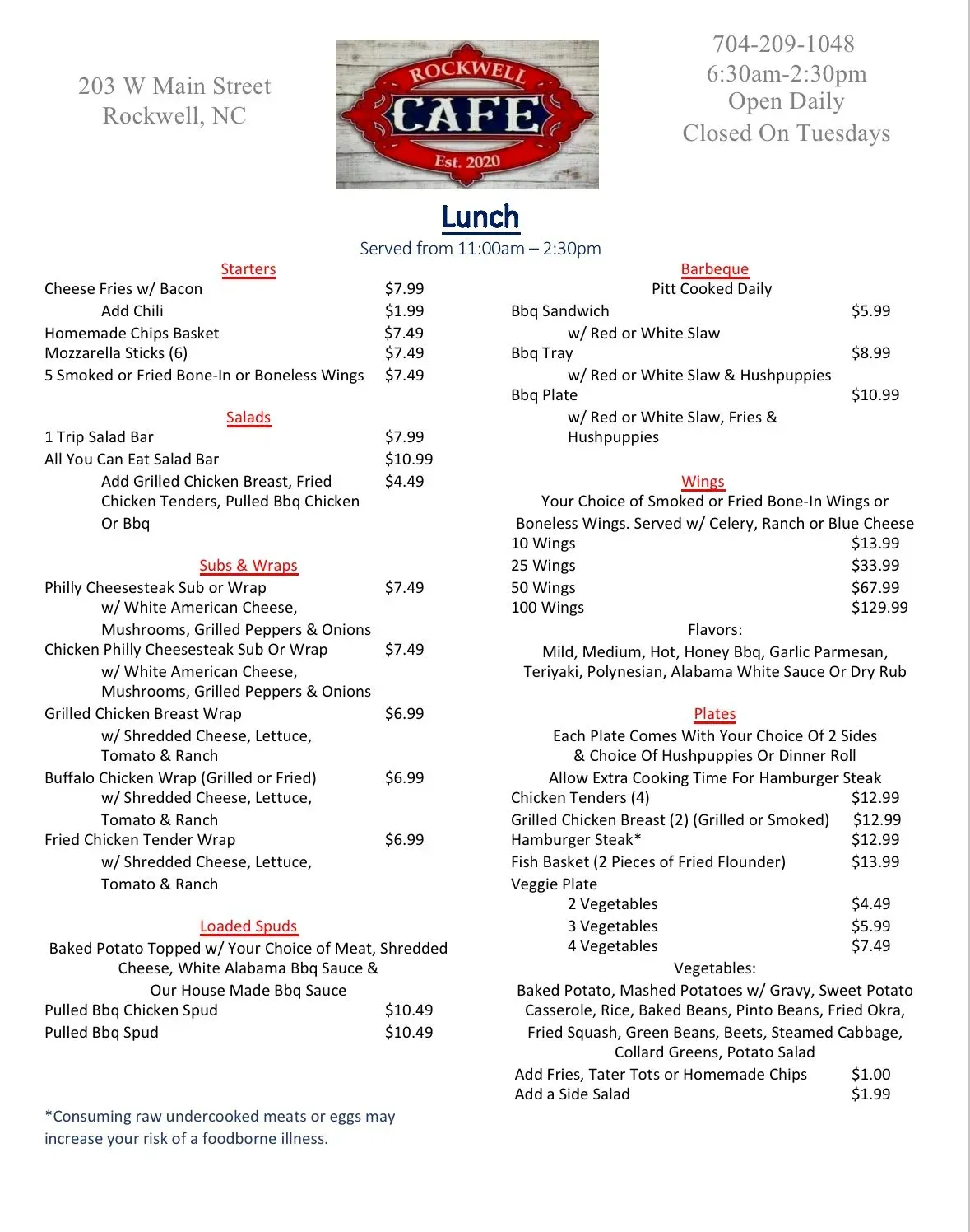 Rockwell Cafe Menu - Updated October 2025