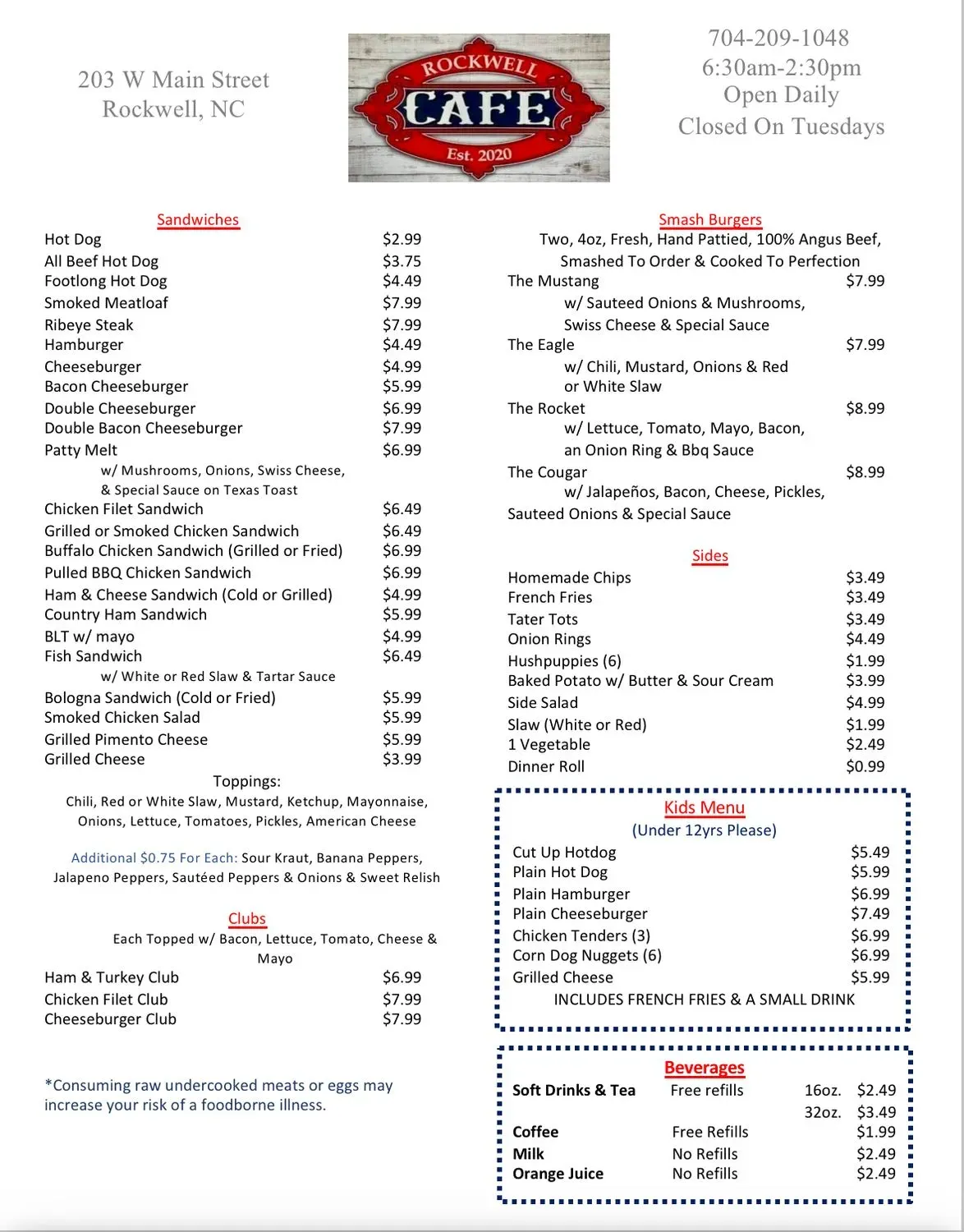 Rockwell Cafe Menu - Updated October 2025