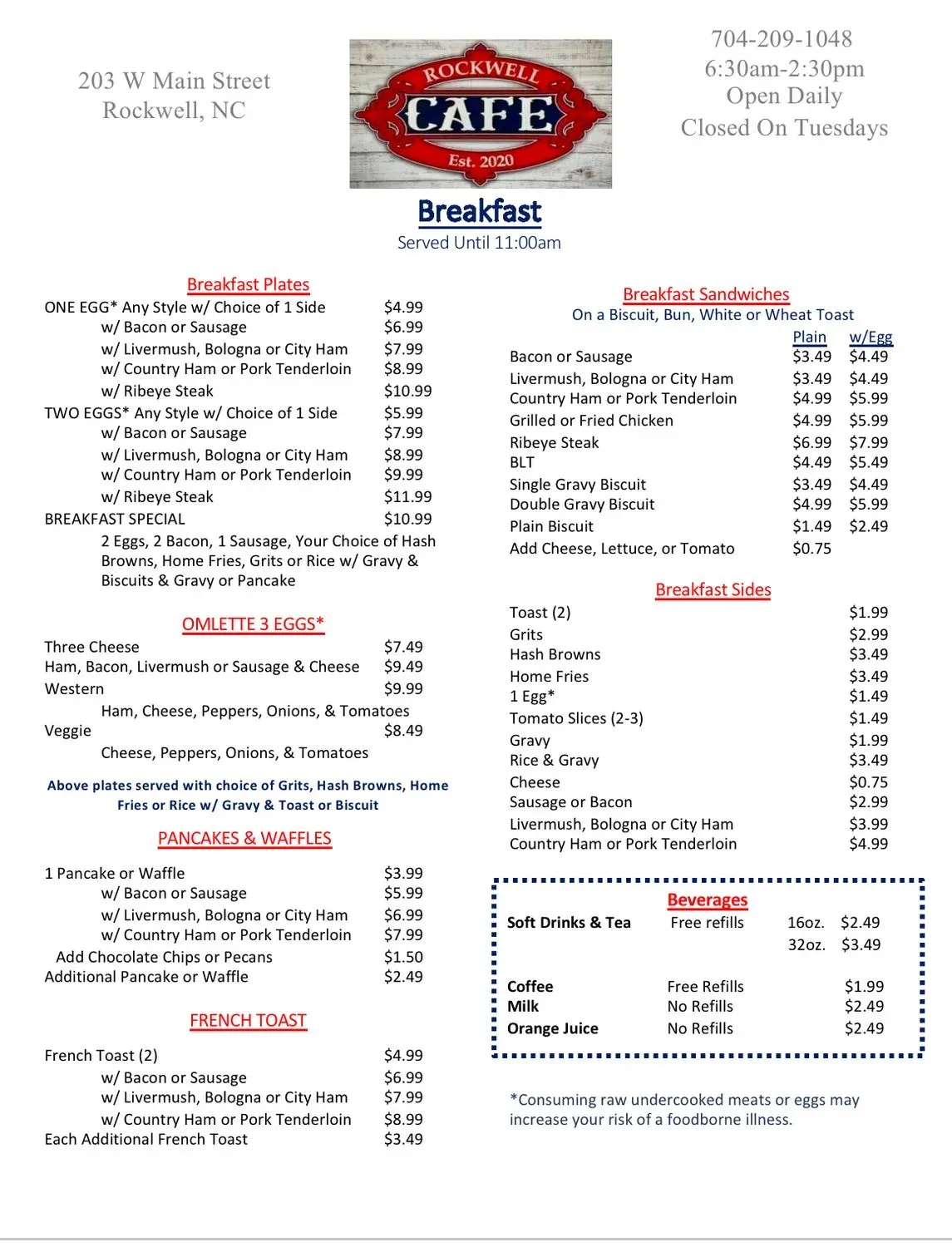 Rockwell Cafe Menu - Updated October 2025