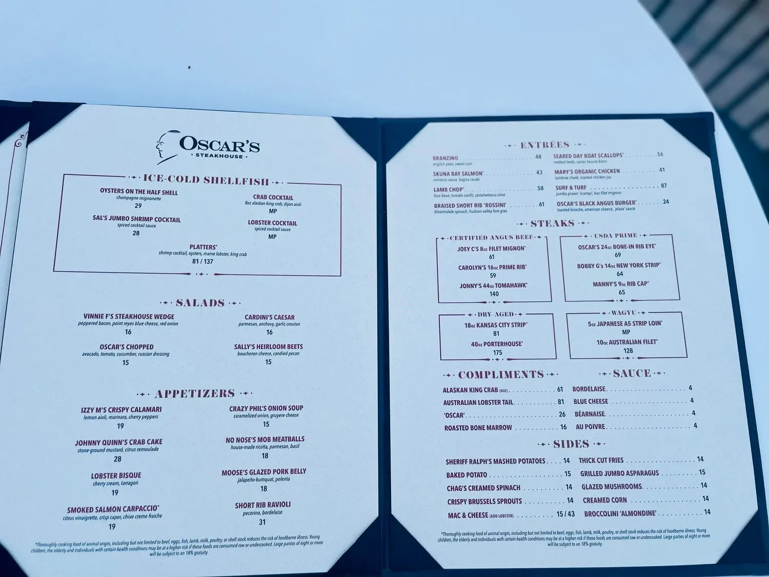 Oscar's Steakhouse Menu - Updated October 2025