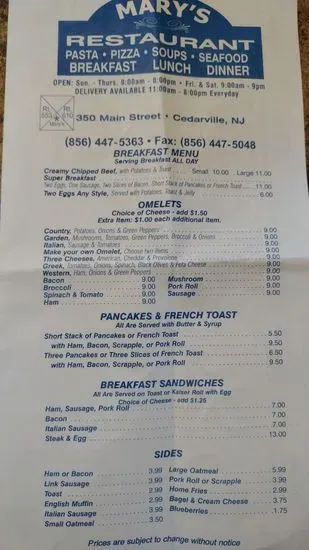 Mary's Restaurant Menu | Cedarville, NJ | Checkle