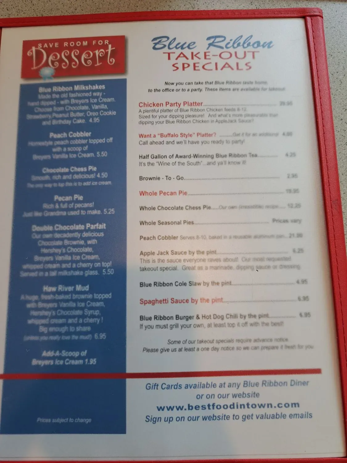 Blue Ribbon Diner Menu - Updated October 2025