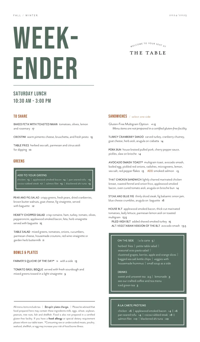 The Table Menu - Updated October 2025