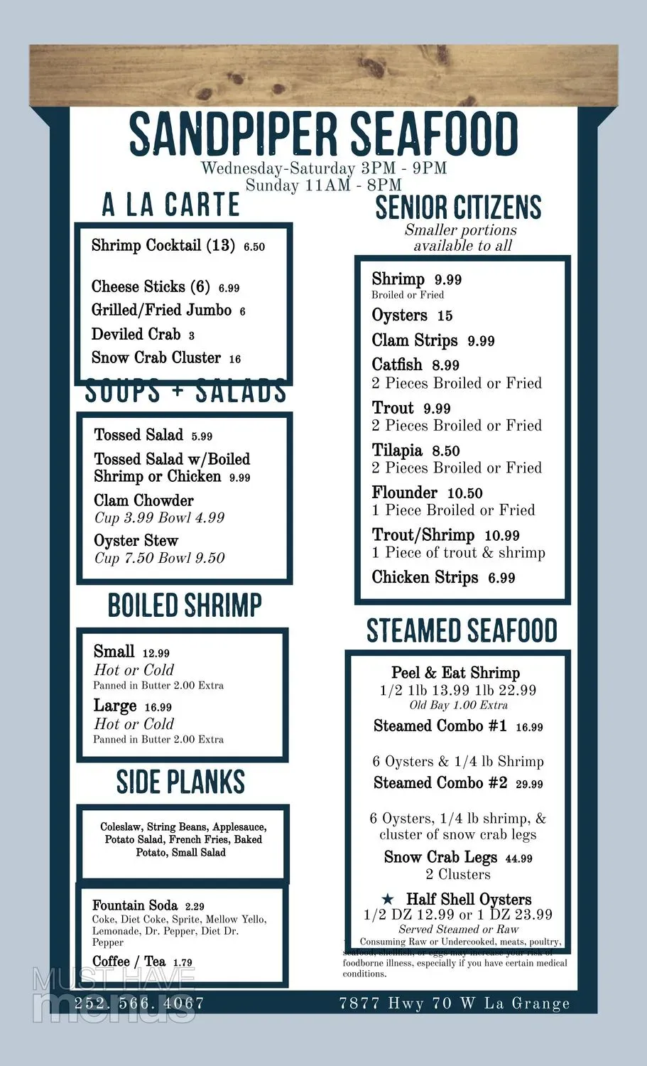 Sandpiper Seafood Menu - Updated October 2025