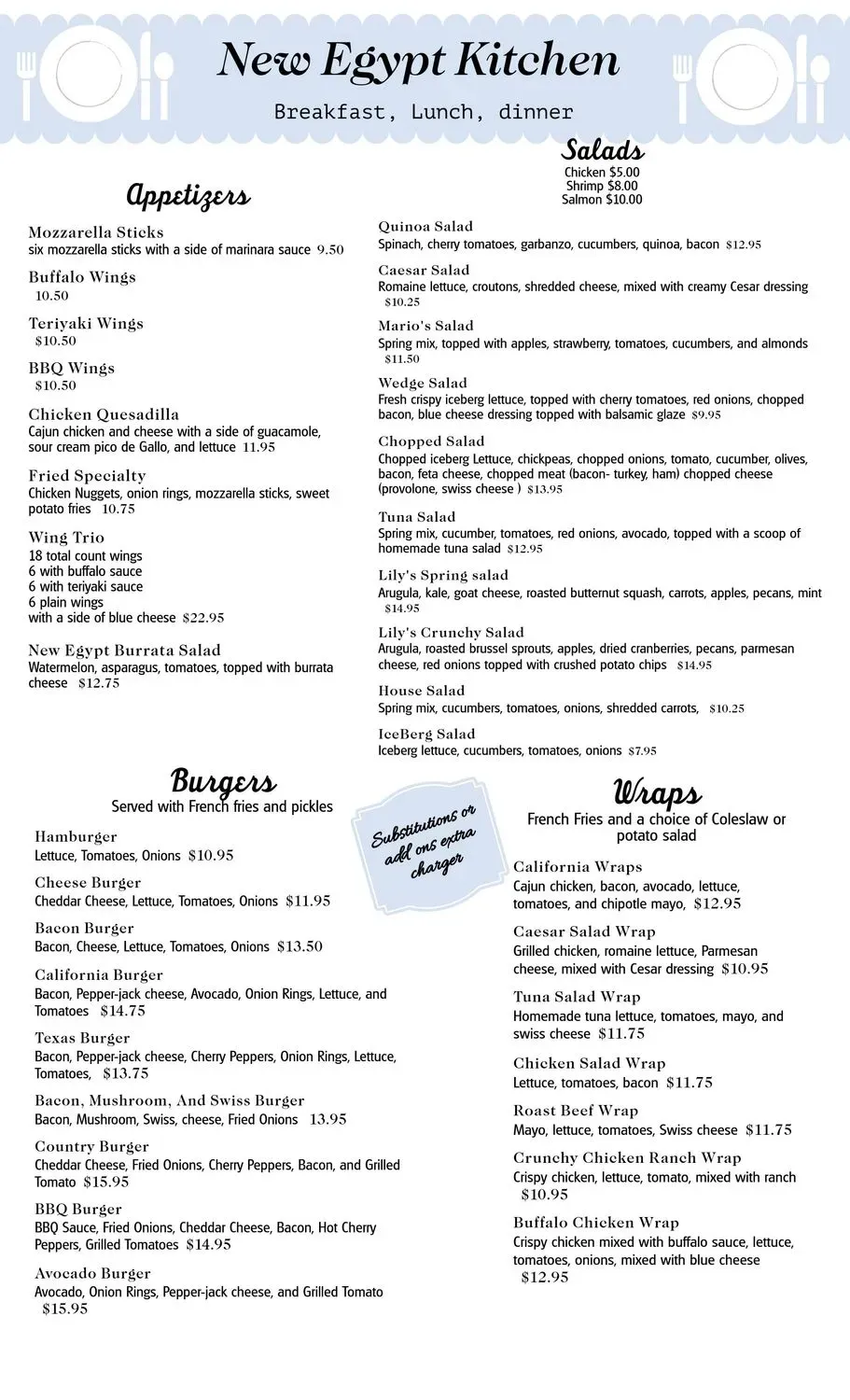 New Egypt Kitchen Menu - Updated October 2025