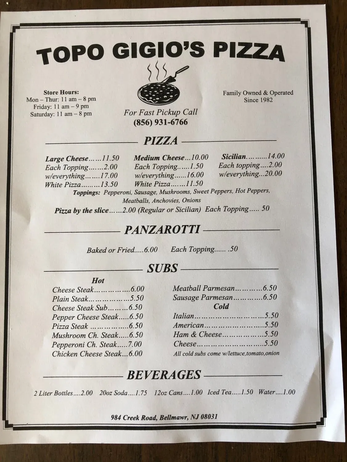 Topo Gigio Pizza Menu | Bellmawr, NJ | Checkle