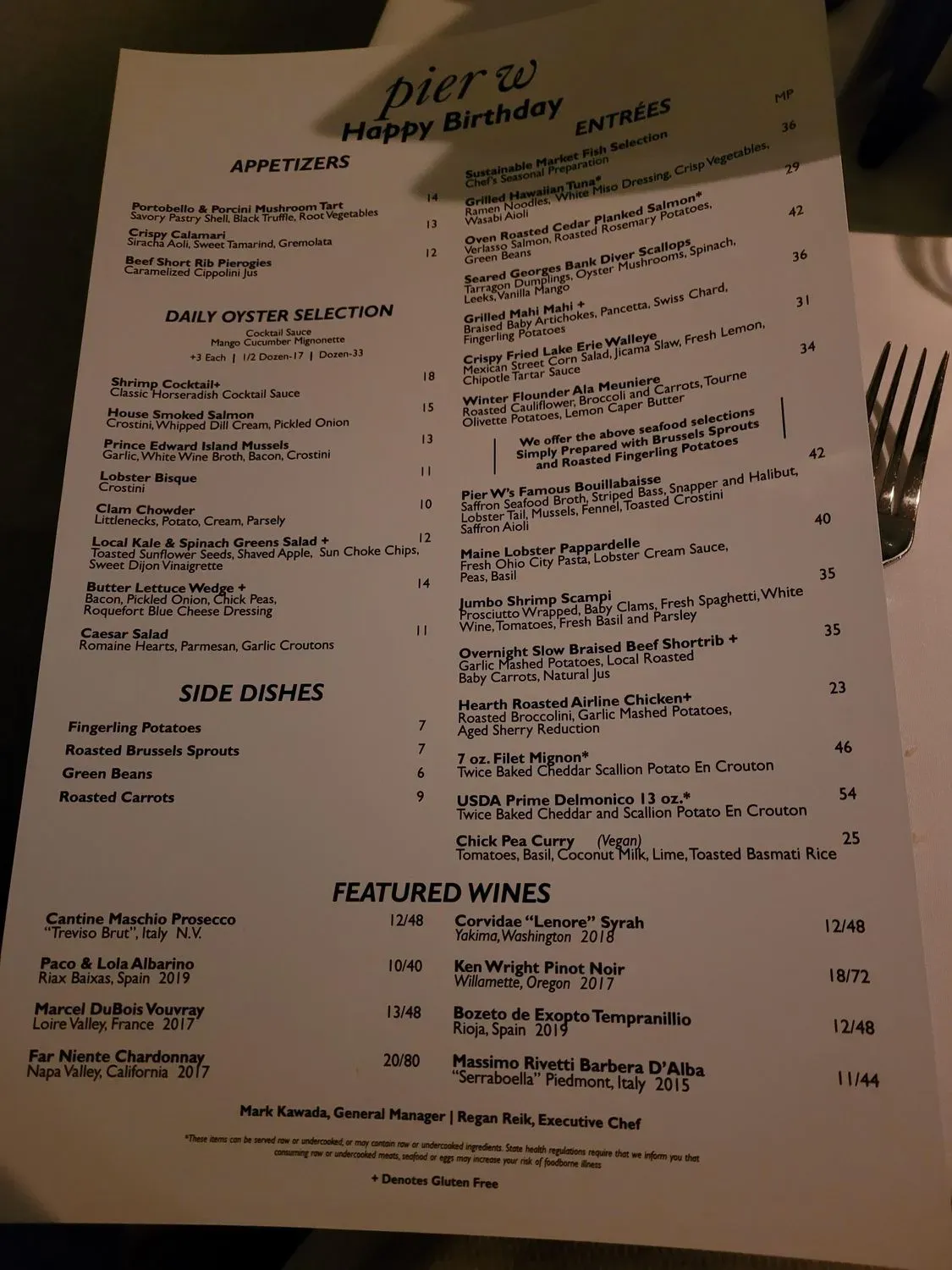 Pier W Menu - Updated October 2025