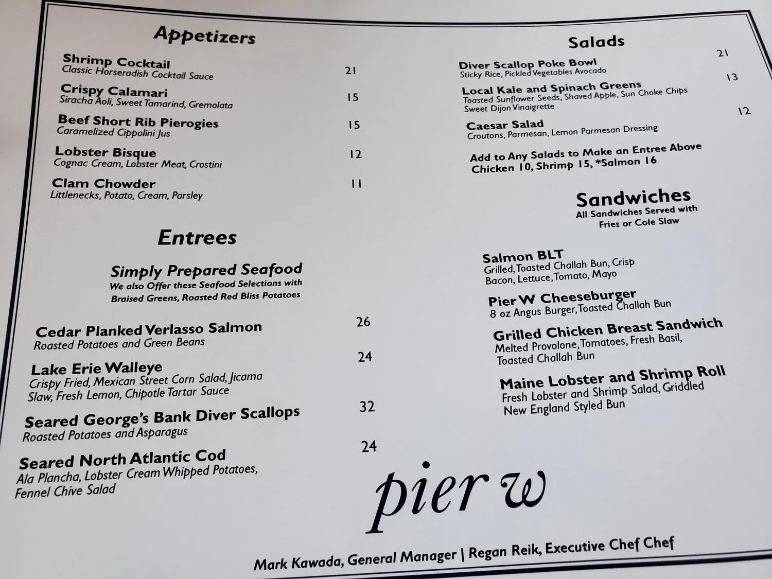 Pier W Menu - Updated August 2025