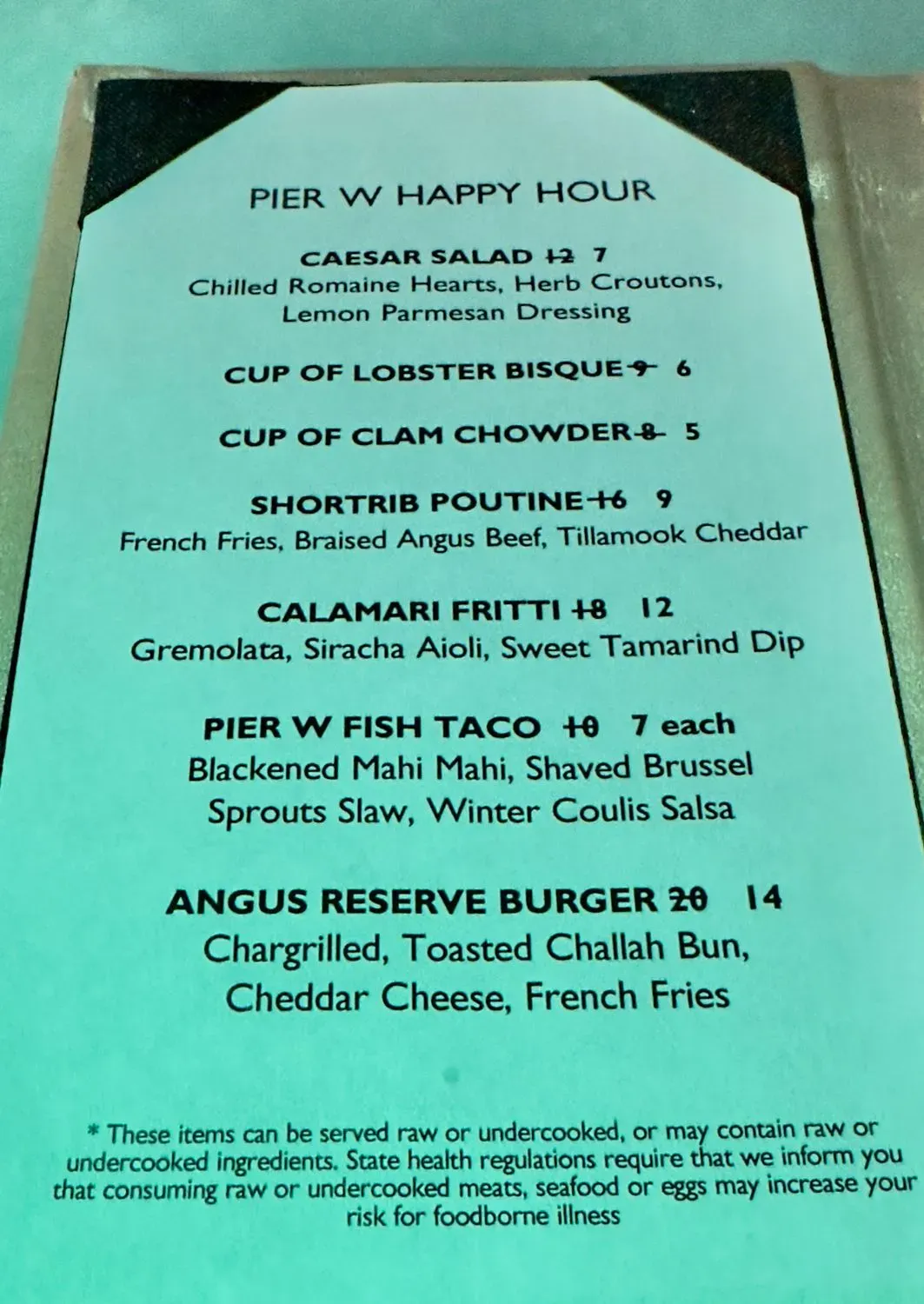 Pier W Menu - Updated August 2025
