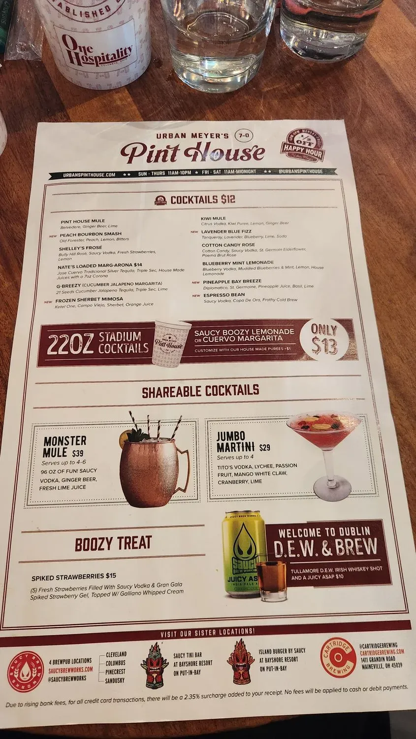 Urban Meyer's Pint House Menu - Updated October 2025