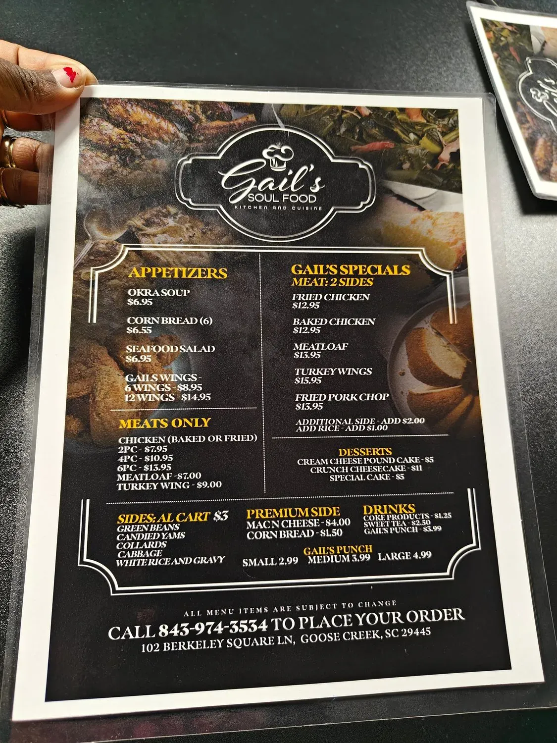 Gail's Soul Food Menu - Updated October 2025