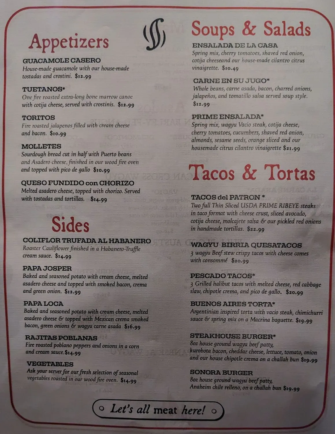 Sonora Steak Menu | Maple Valley, WA | Checkle