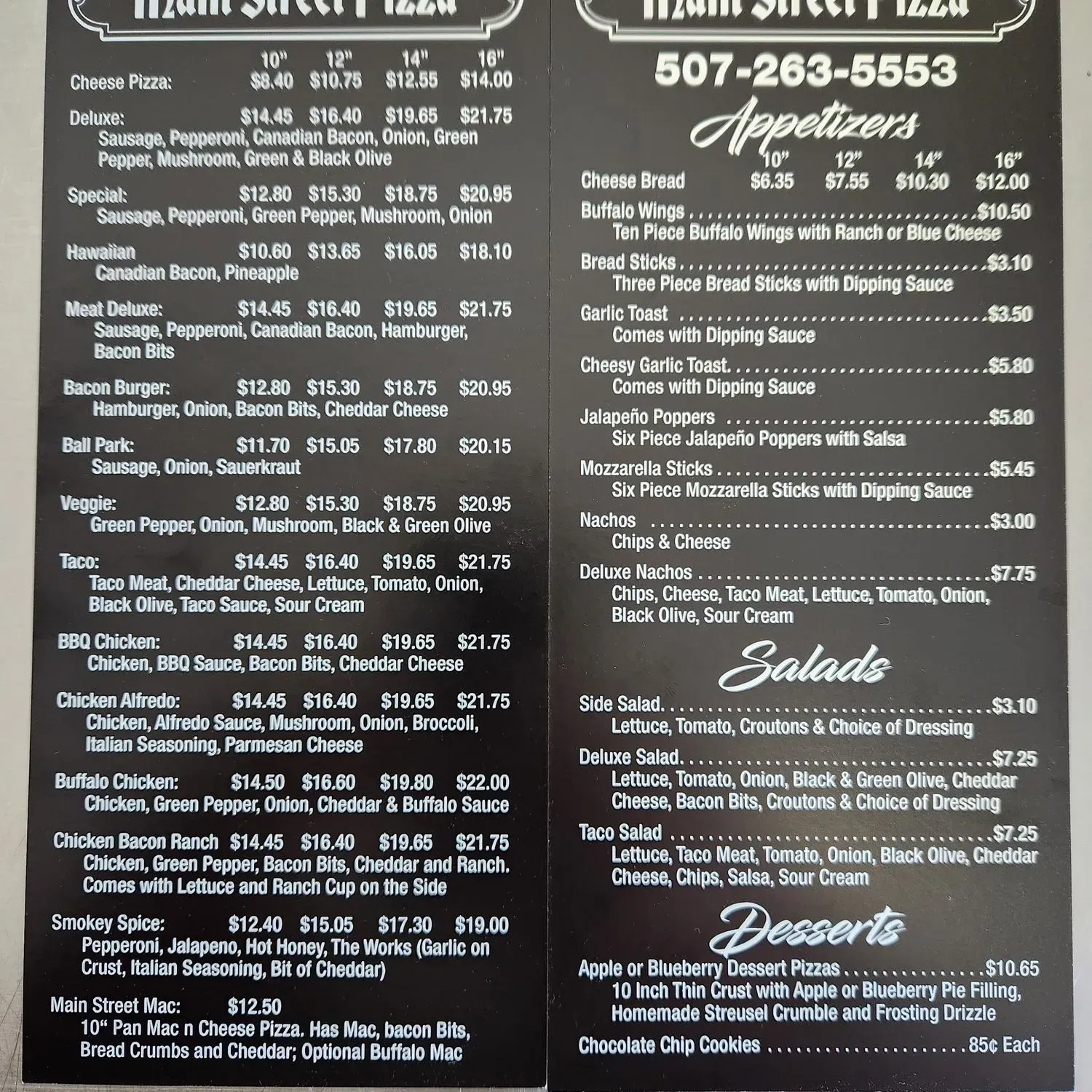 Main Street Pizza Menu - Updated October 2025