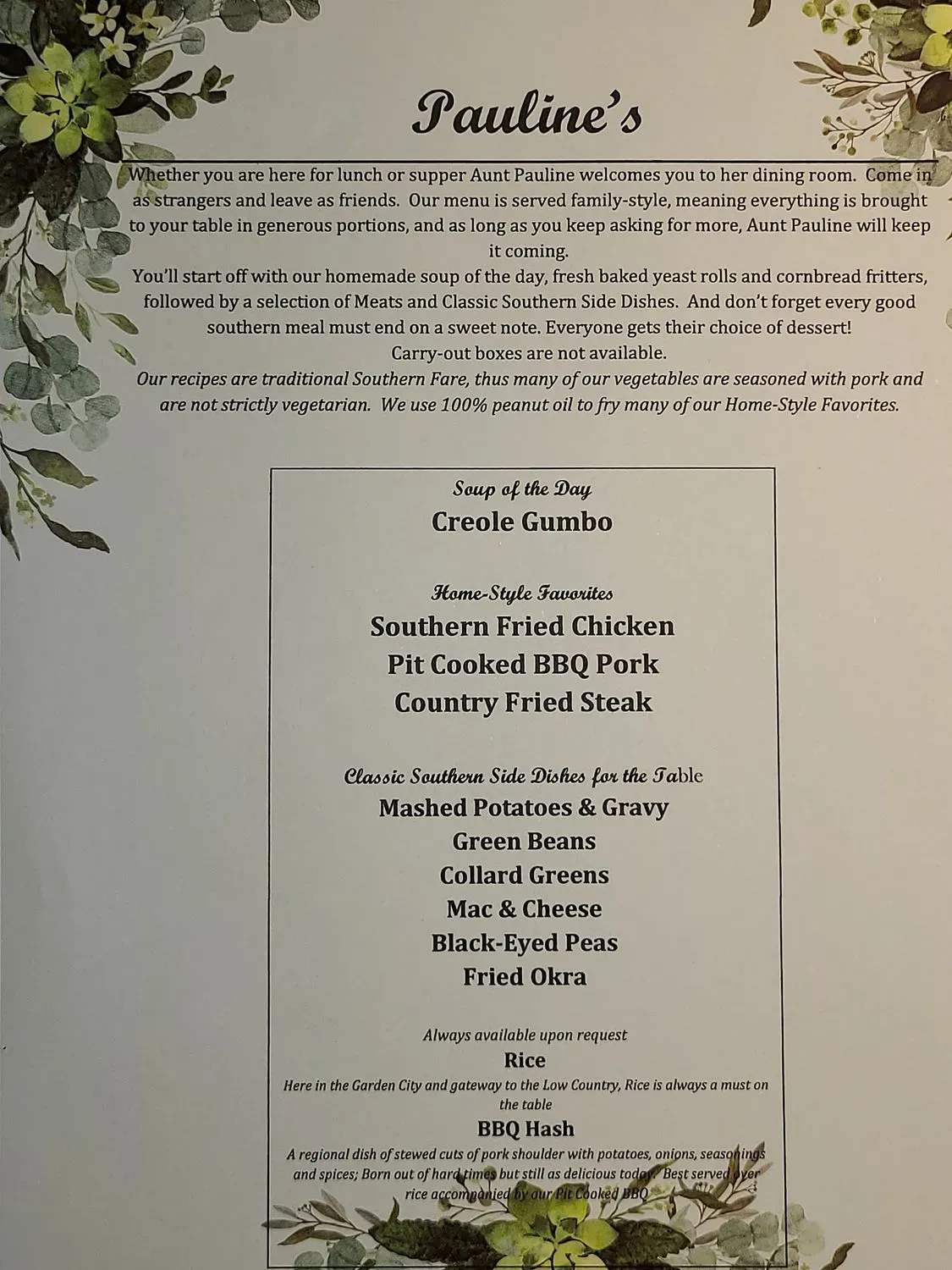 Pauline's Dining Room Menu - Updated October 2025