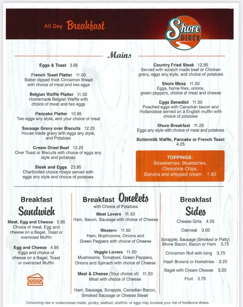 The Shore Diner Menu - Updated October 2025