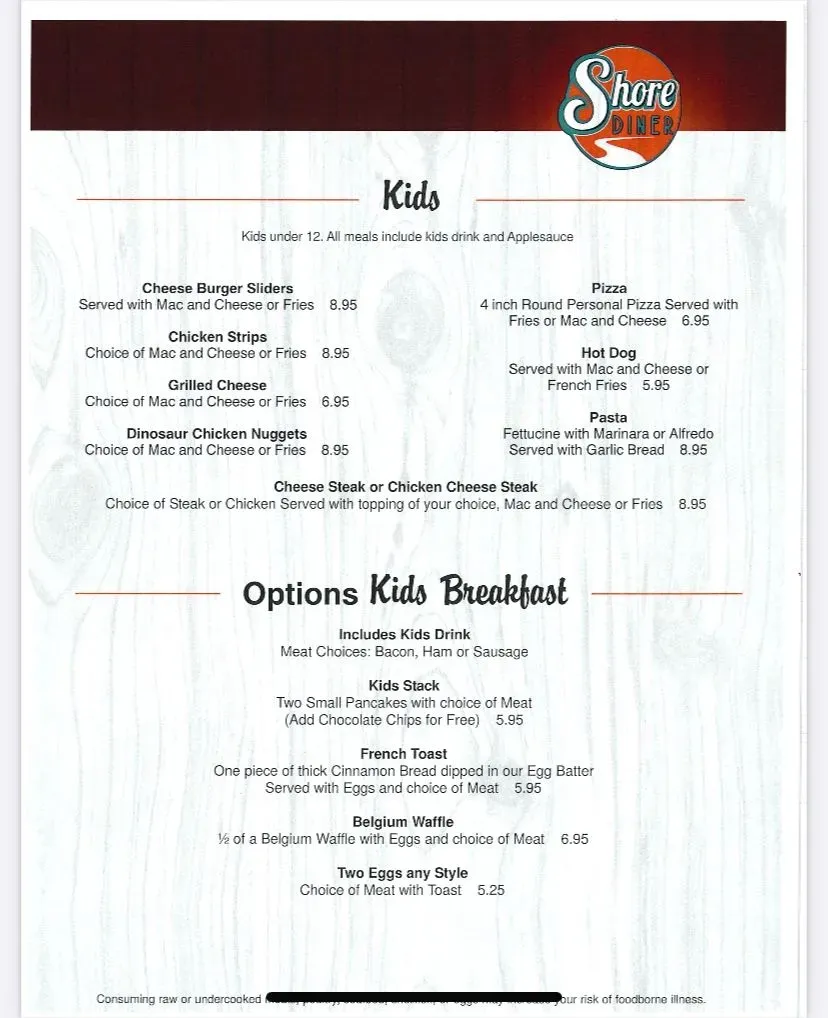 The Shore Diner Menu - Updated October 2025