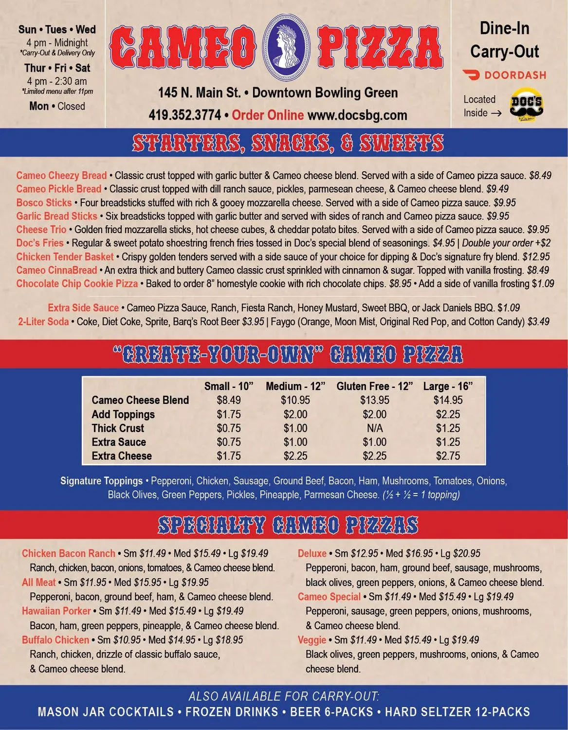 Doc's Big City Saloon / Cameo Pizza Menu - Updated October 2025