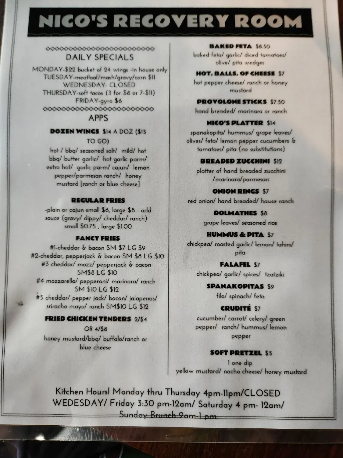 Nico's Recovery Room Menu - Updated October 2025