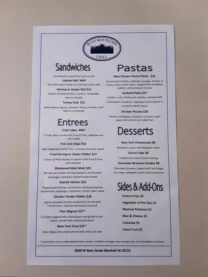 Blue Mountain Grill Menu | Marshall, VA | Checkle