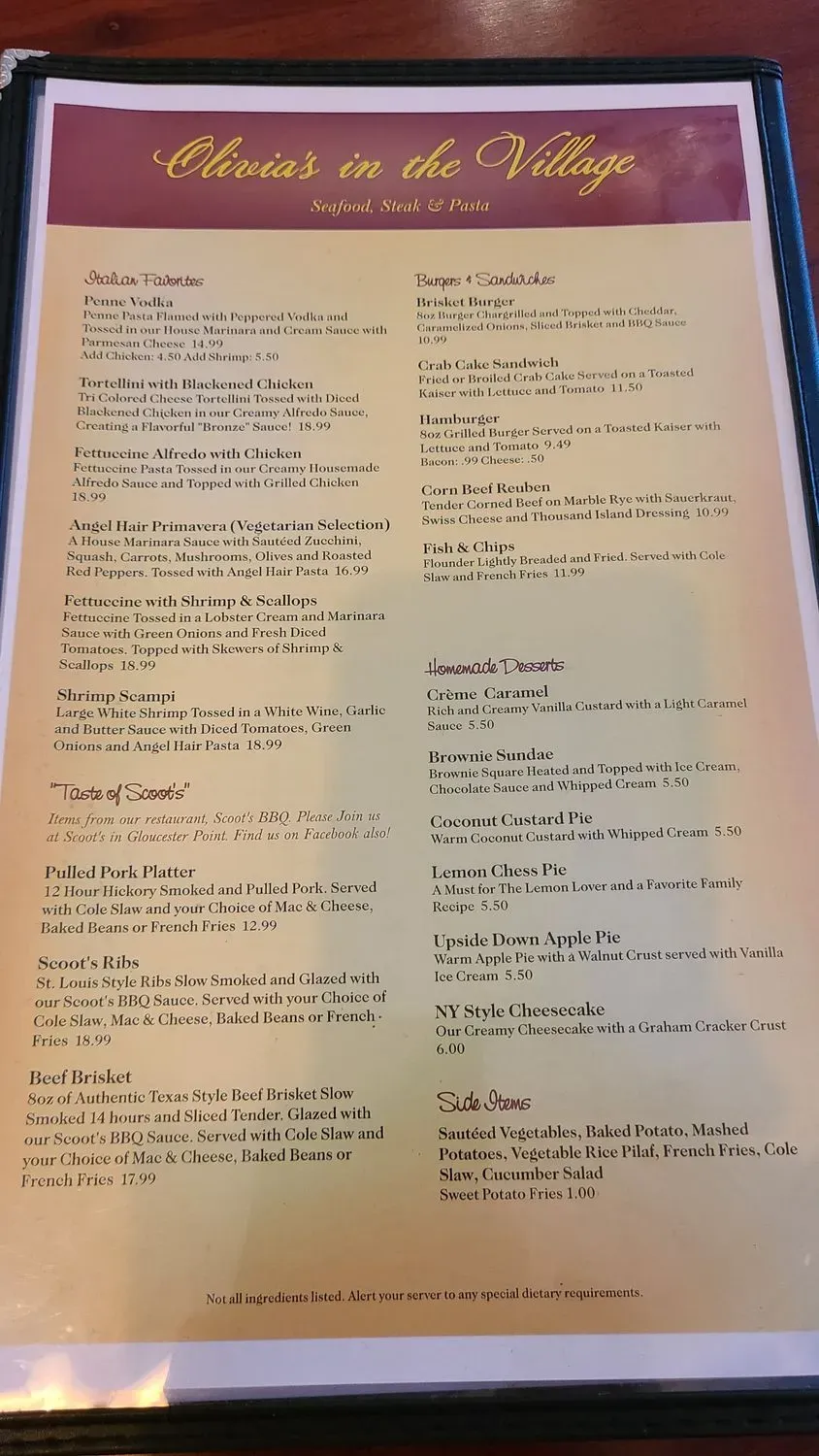 Olivia's In the Village Menu - Updated October 2025