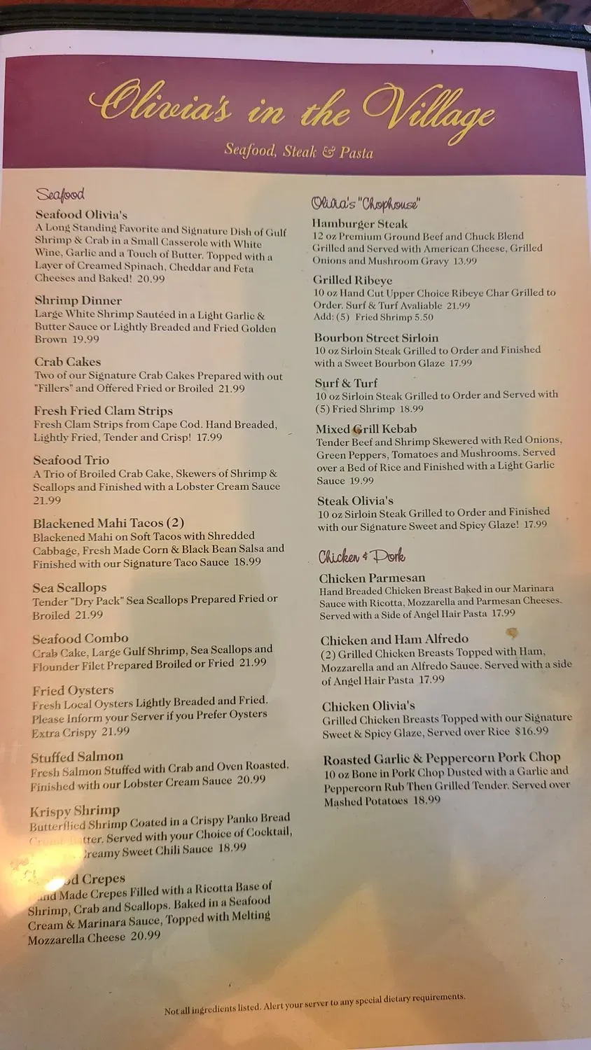 Olivia's In the Village Menu - Updated October 2025