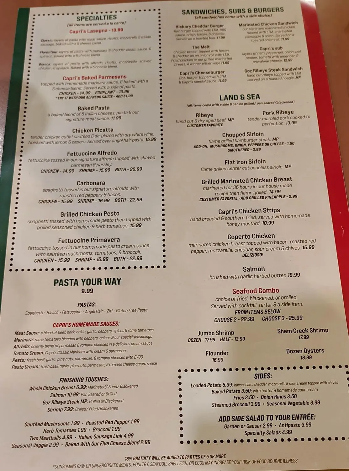Capri's Italian Greenwood Menu - Updated October 2025