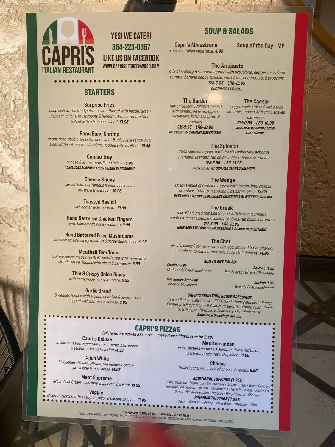 Capri's Italian Greenwood Menu - Updated October 2025
