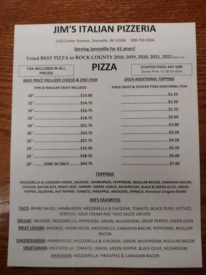 Jim's Pizzeria Menu | Janesville, WI | Checkle