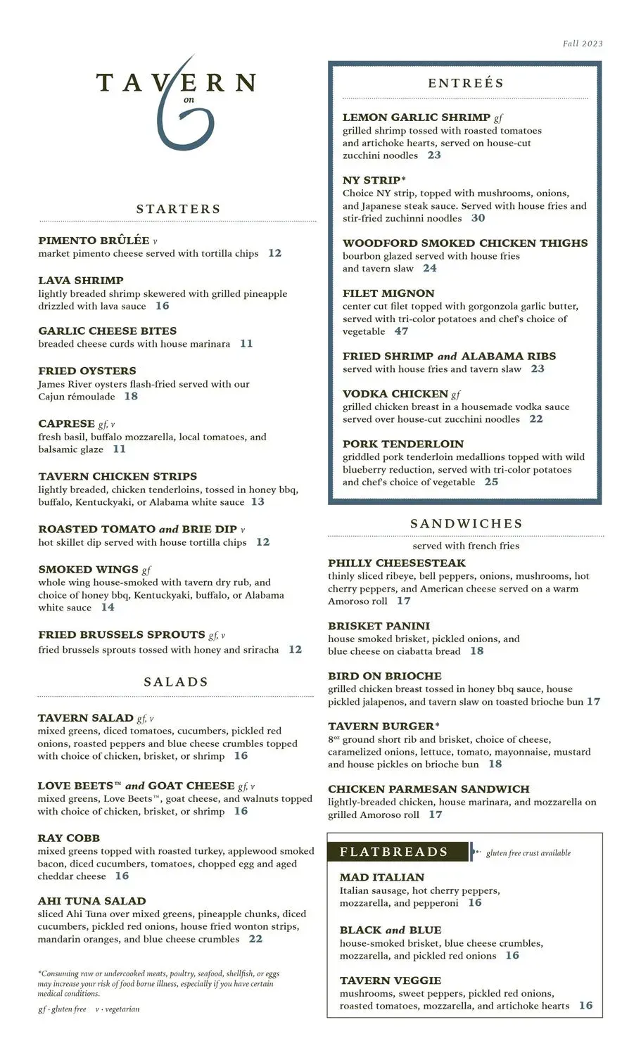 Tavern on 6 Menu - Updated October 2025